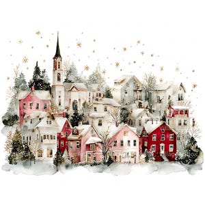 Christmas Village Watercolor Clipart: Printable Snowy Town Scenes ...