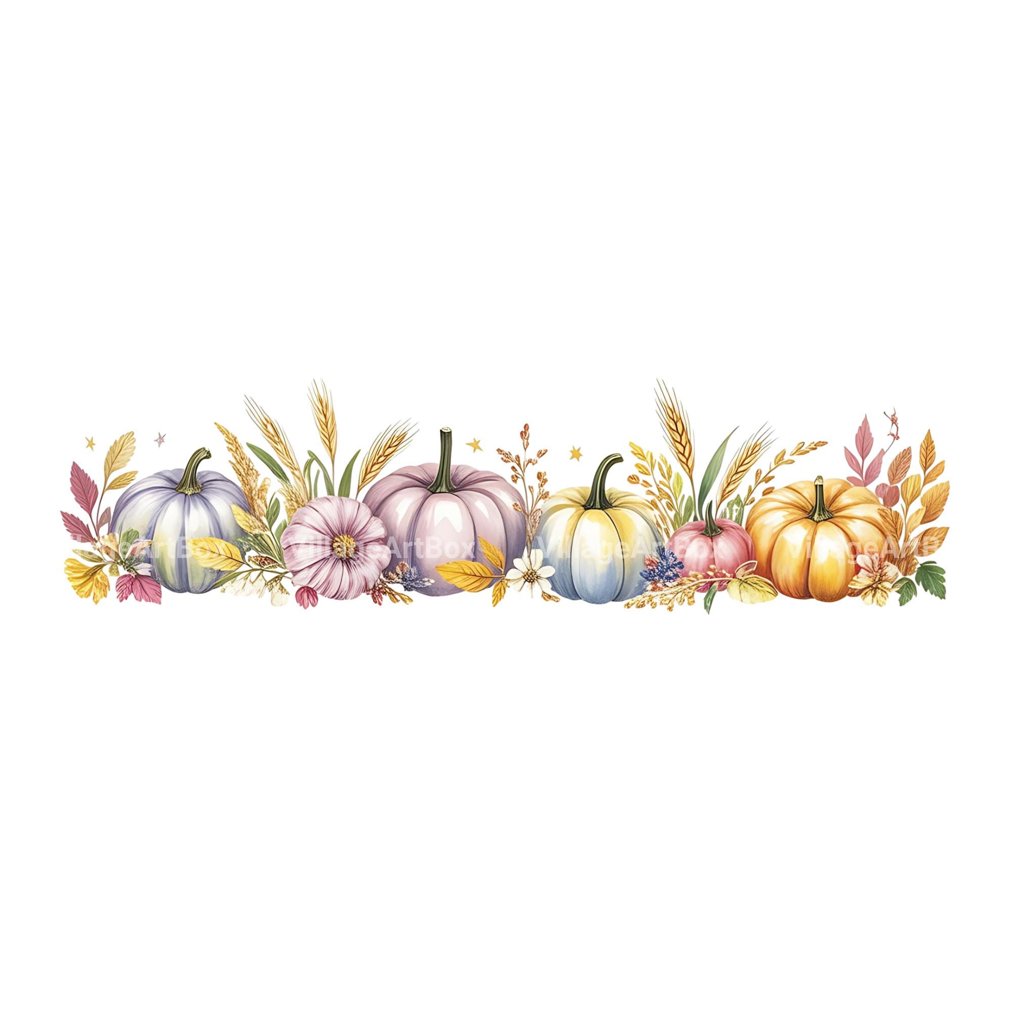 Watercolor Pumpkin Border Clipart: Fall Floral Dividers (digital ...