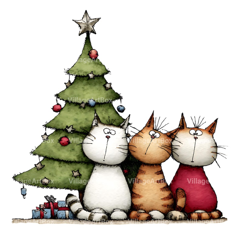 Watercolor Christmas Cats Clipart: Whimsical Holiday PNG Bundle ...