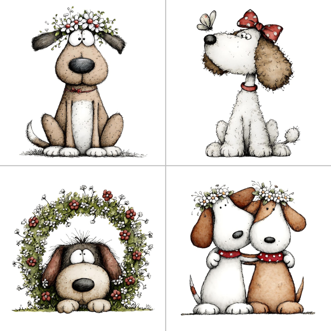 Whimsical Spring Dogs Clipart: Quirky Floral Puppies & Garden Friends ...