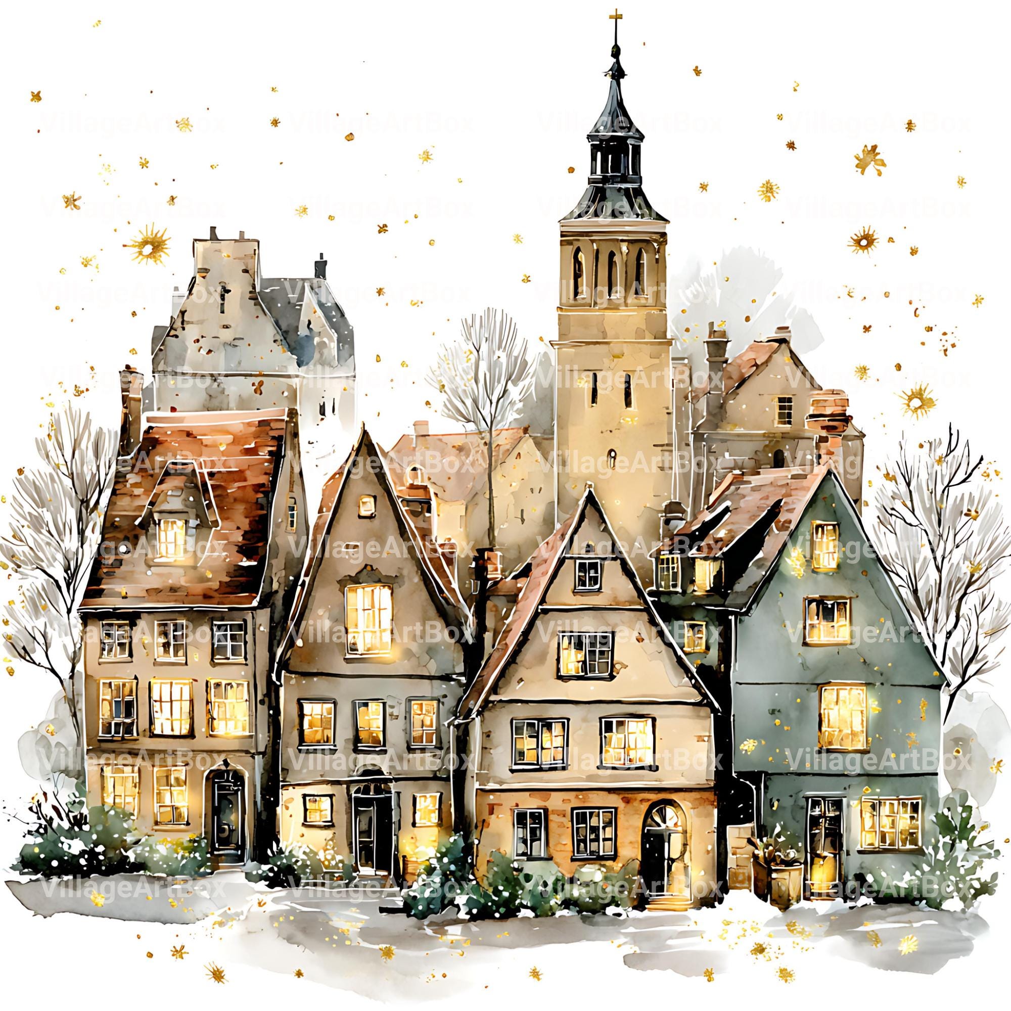 Christmas Village Watercolor Clipart: Holiday Town Scene (digital ...
