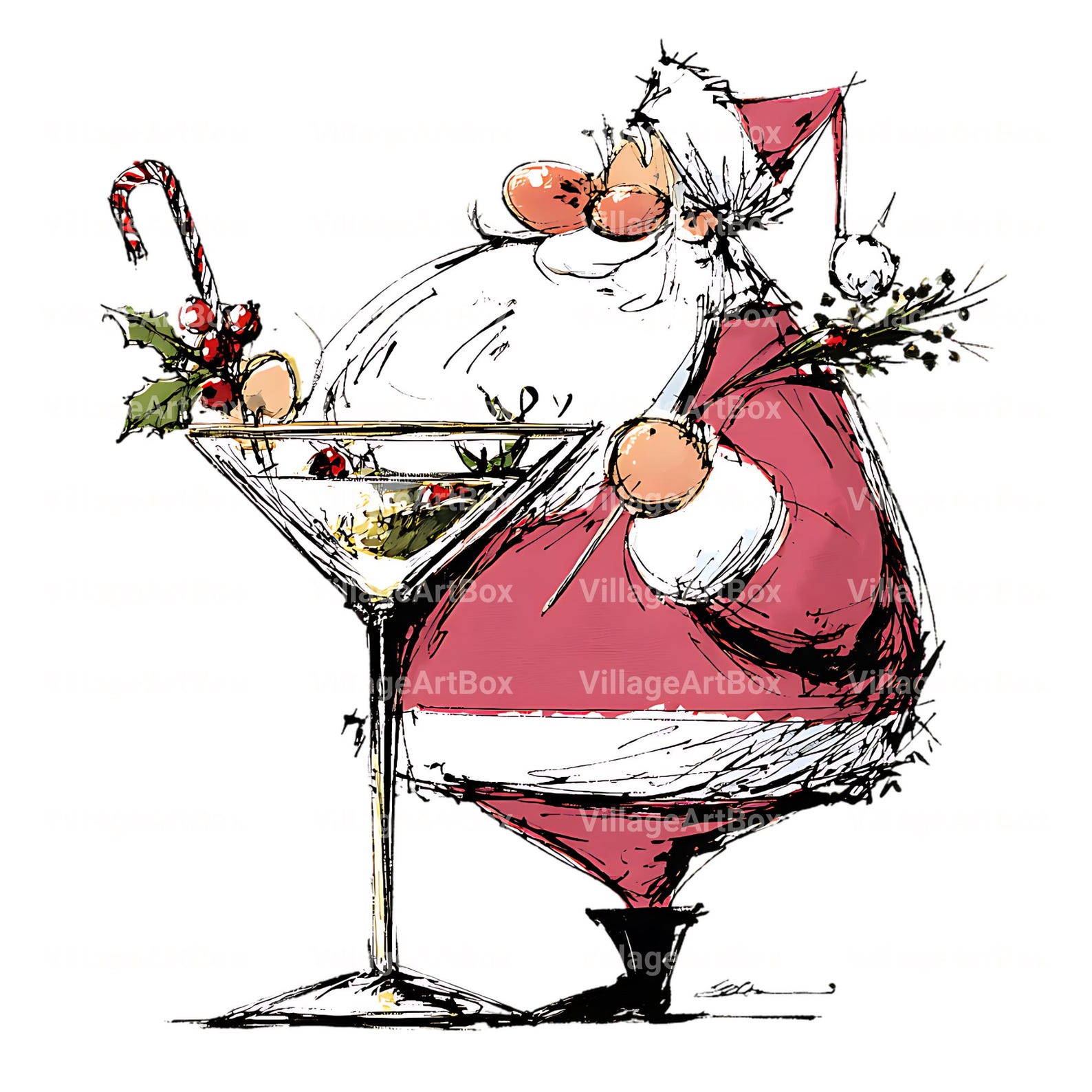 Funny Santa Cocktail Clipart: Retro Christmas Line Art (digital ...