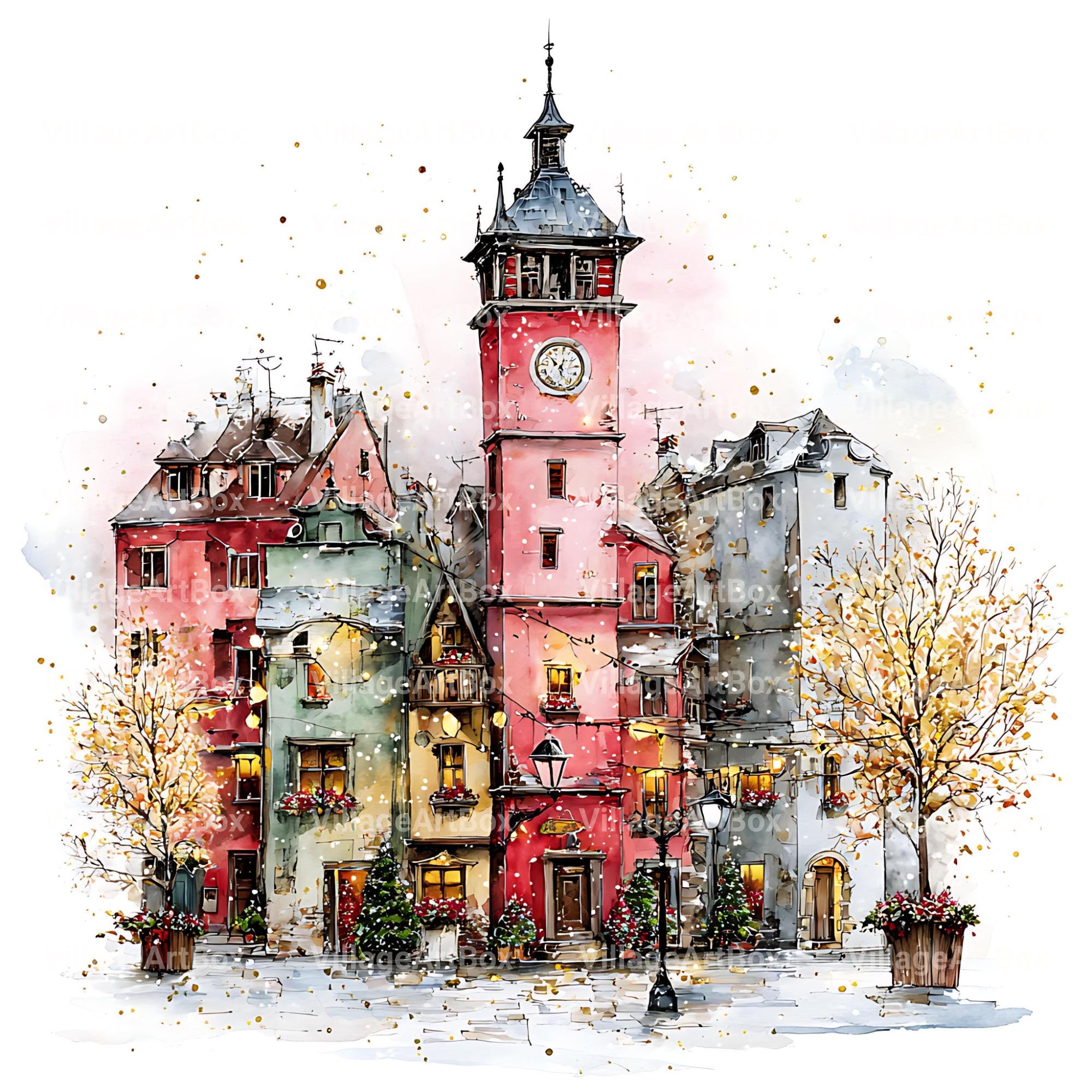 Christmas Village Watercolor Clipart: Printable Snowy Town Scenes ...