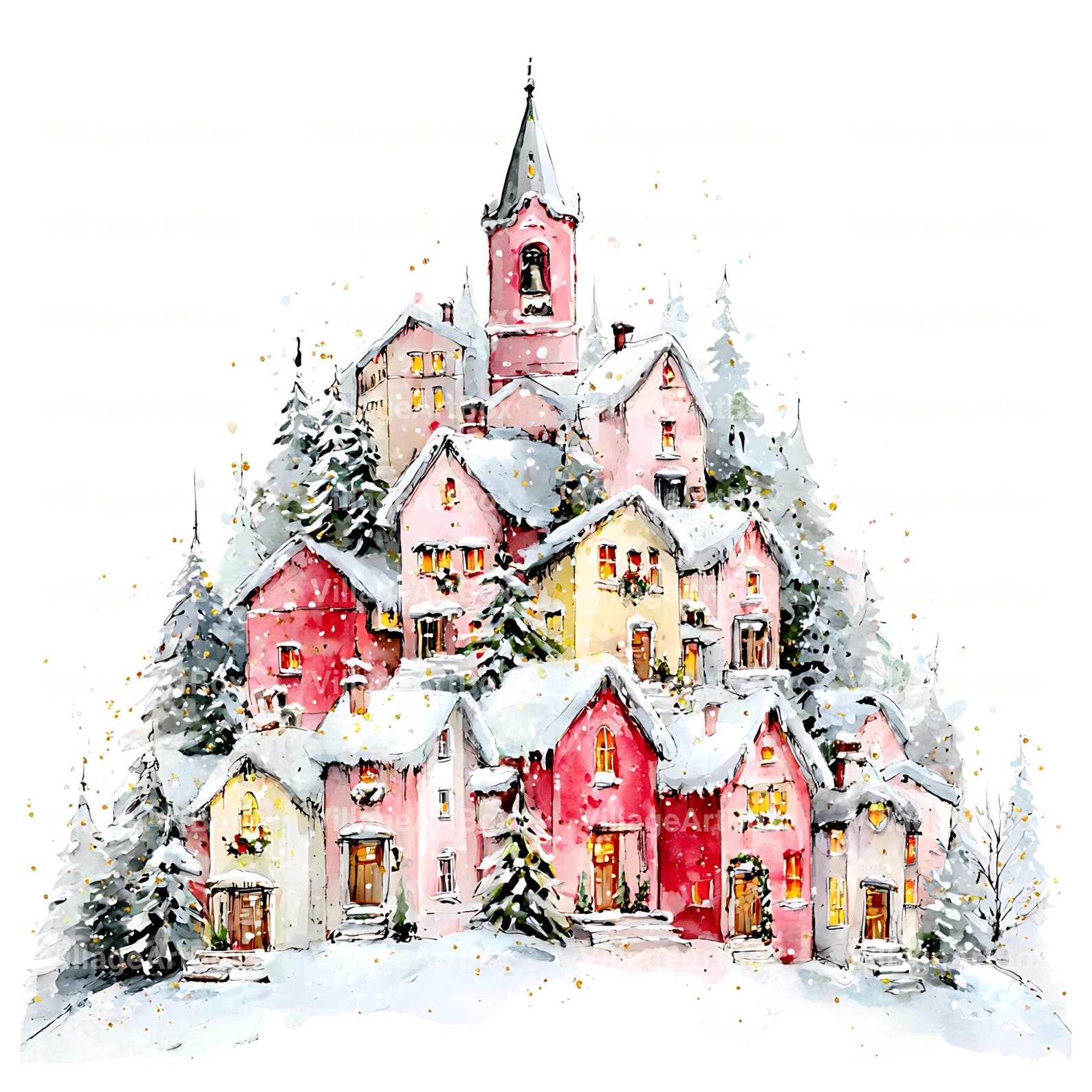 Christmas Village Watercolor Clipart: Printable Snowy Town Scenes ...
