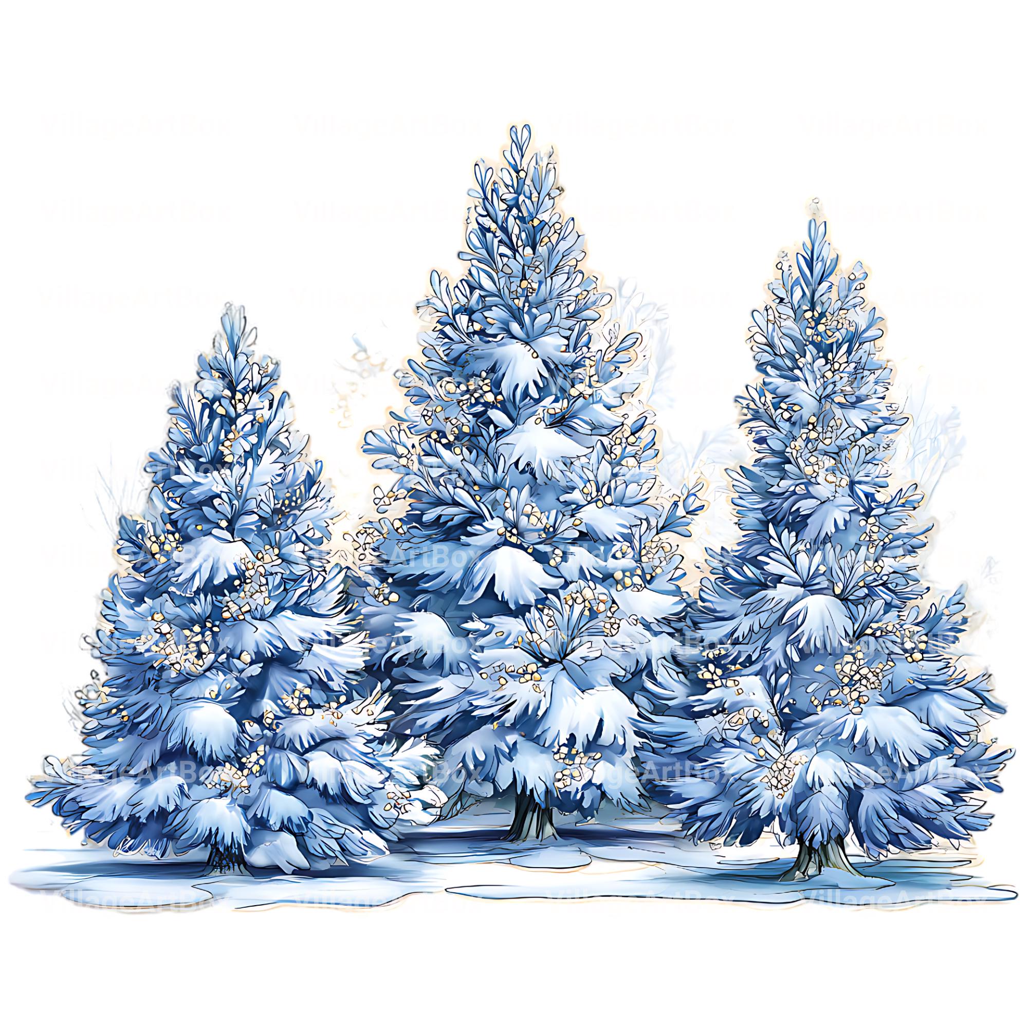 Watercolor Winter Spruce Tree Clipart: Blue Christmas PNG (instant ...