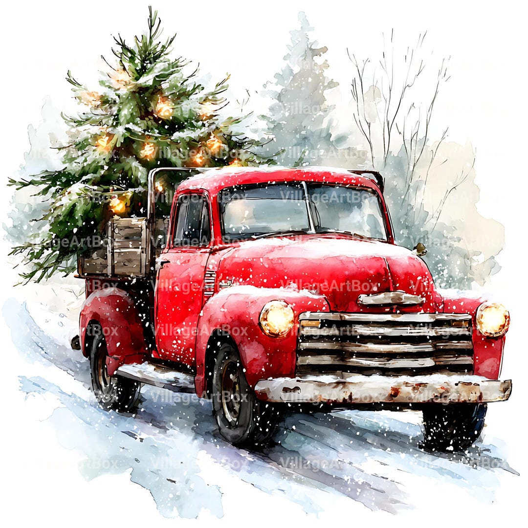 Vintage Red Truck Christmas Clipart: Watercolor Farmhouse Style ...
