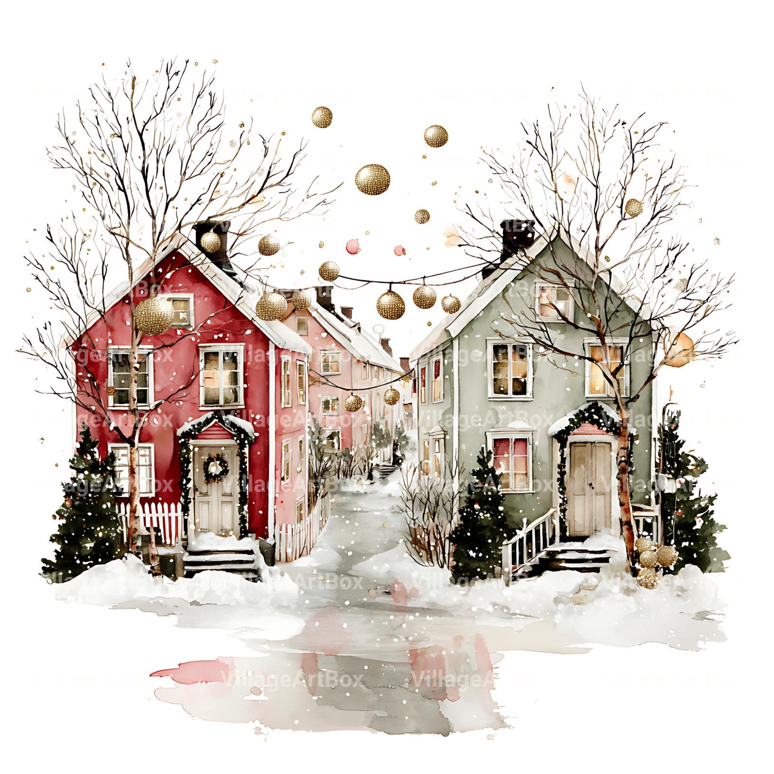 Christmas Village Watercolor Clipart: Printable Snowy Town Scenes ...