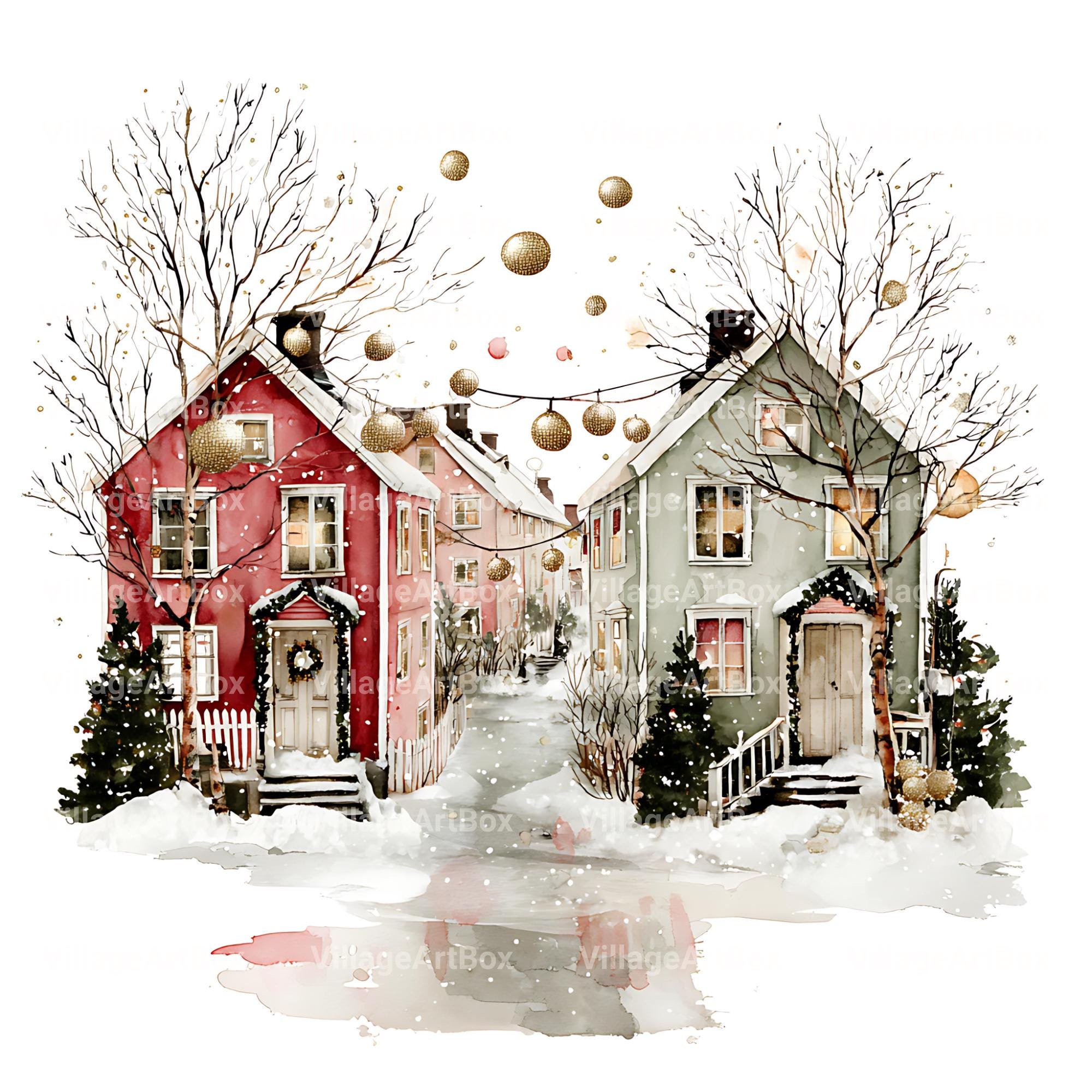 Christmas Village Watercolor Clipart: Printable Snowy Town Scenes ...