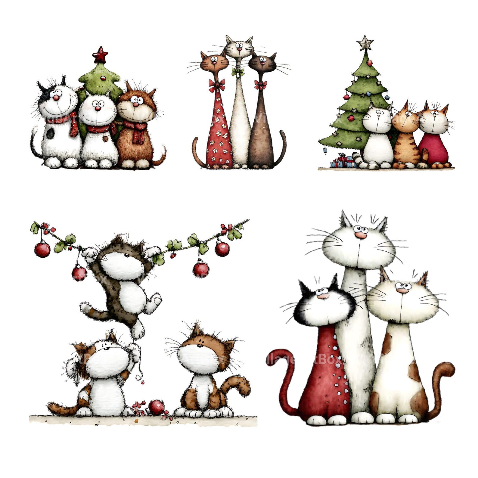 Watercolor Christmas Cats Clipart: Whimsical Holiday PNG Bundle ...