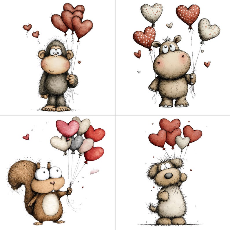 Whimsical Valentine Animals Clipart Bundle: Quirky Heart Balloons ...