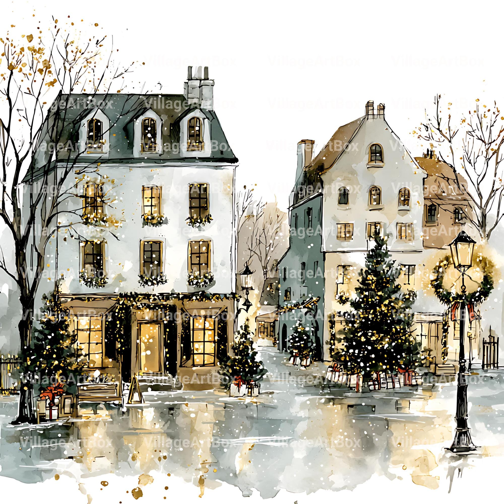 Christmas Village Watercolor Clipart: Holiday Town Scene (digital ...