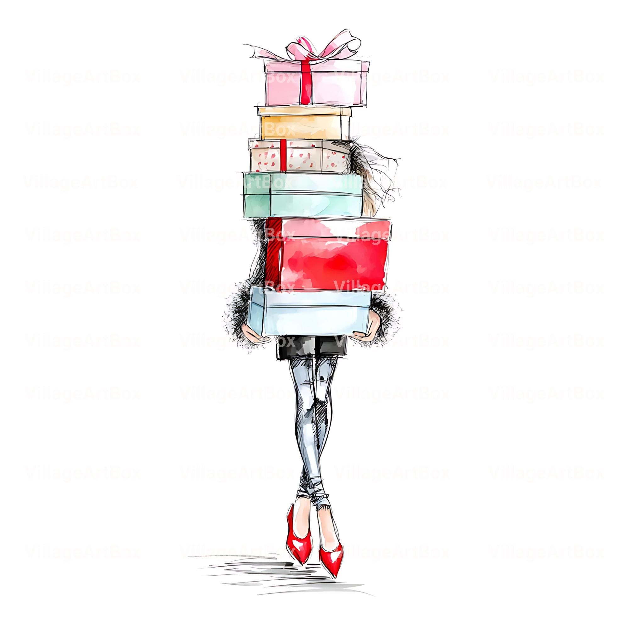 Fashion Girls With Gift Stacks Clipart | Watercolor Christmas Parcel ...