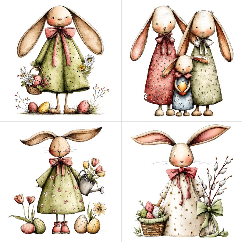 Easter Bunny Clipart: Whimsical Spring Rabbits, Eggs (27 PNG Digital ...