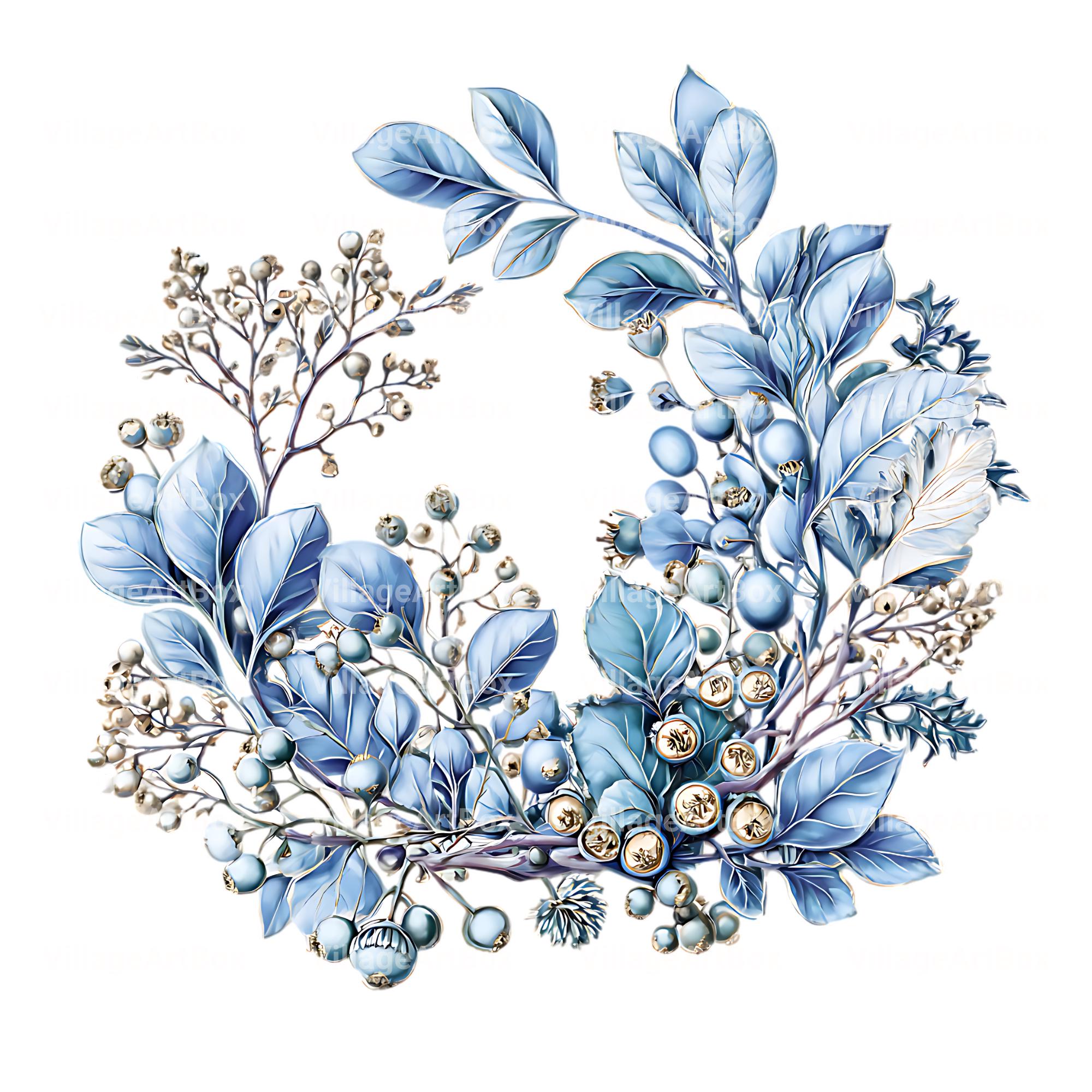 Blue Christmas Wreaths Clipart: Watercolor Winter Foliage PNG (instant ...