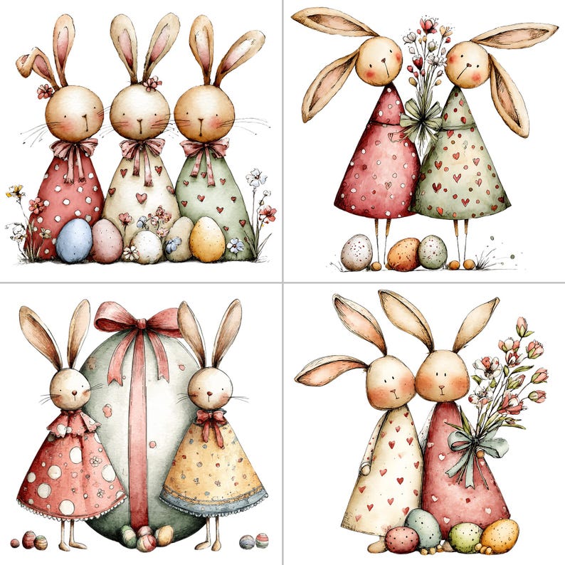 Whimsical Easter Bunny Clipart: Pastel Floral Rabbits and Eggs (digital ...