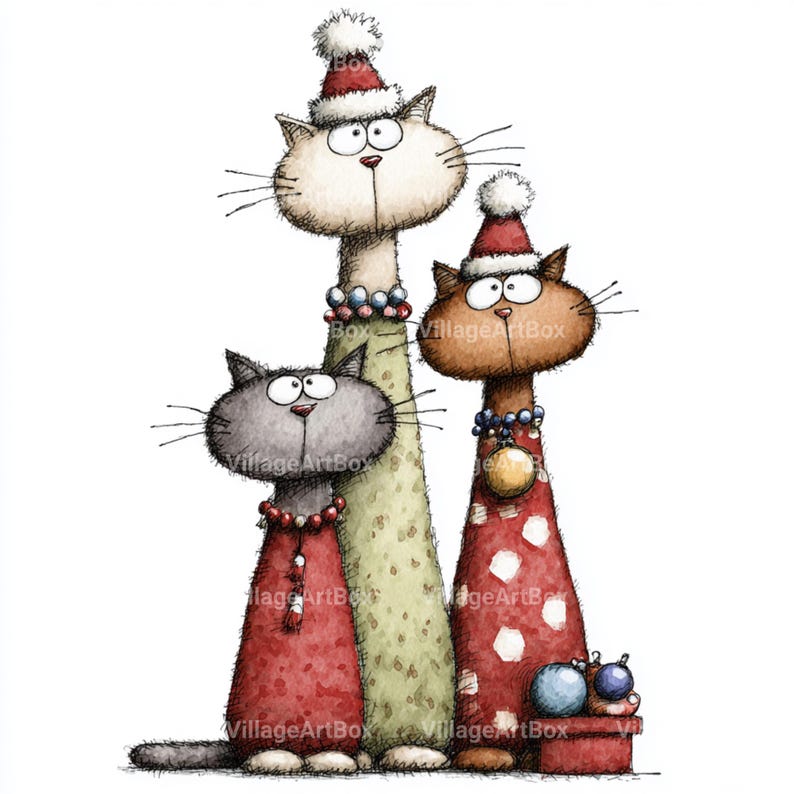 Watercolor Christmas Cats Clipart: Whimsical Holiday PNG Bundle ...