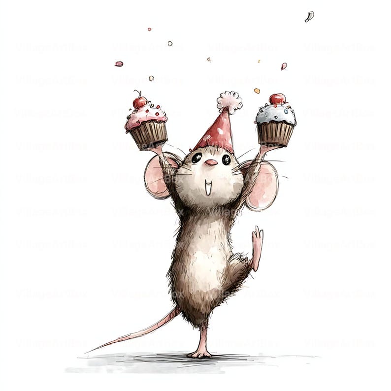 Watercolor Birthday Mouse Clipart | Party Mice & Cupcakes | Digital ...