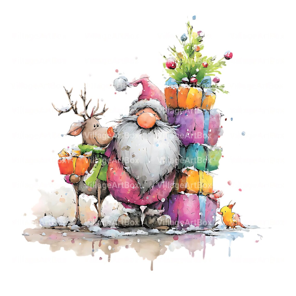Splash Watercolor Santa and Reindeer Clipart — Whimsical Christmas ...