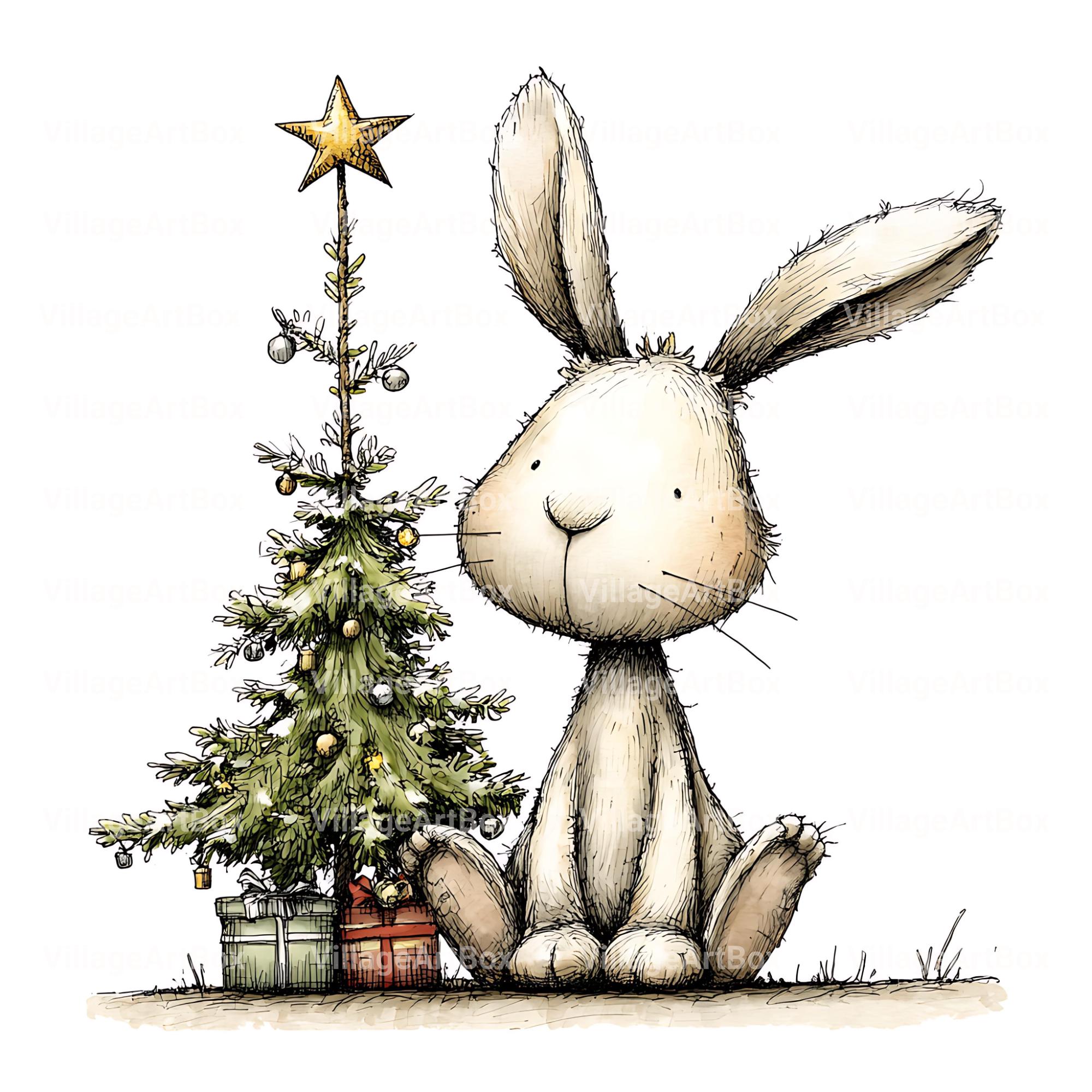 Watercolor Bunny Decorating Christmas Tree Clip Art, Christmas Rabbit ...