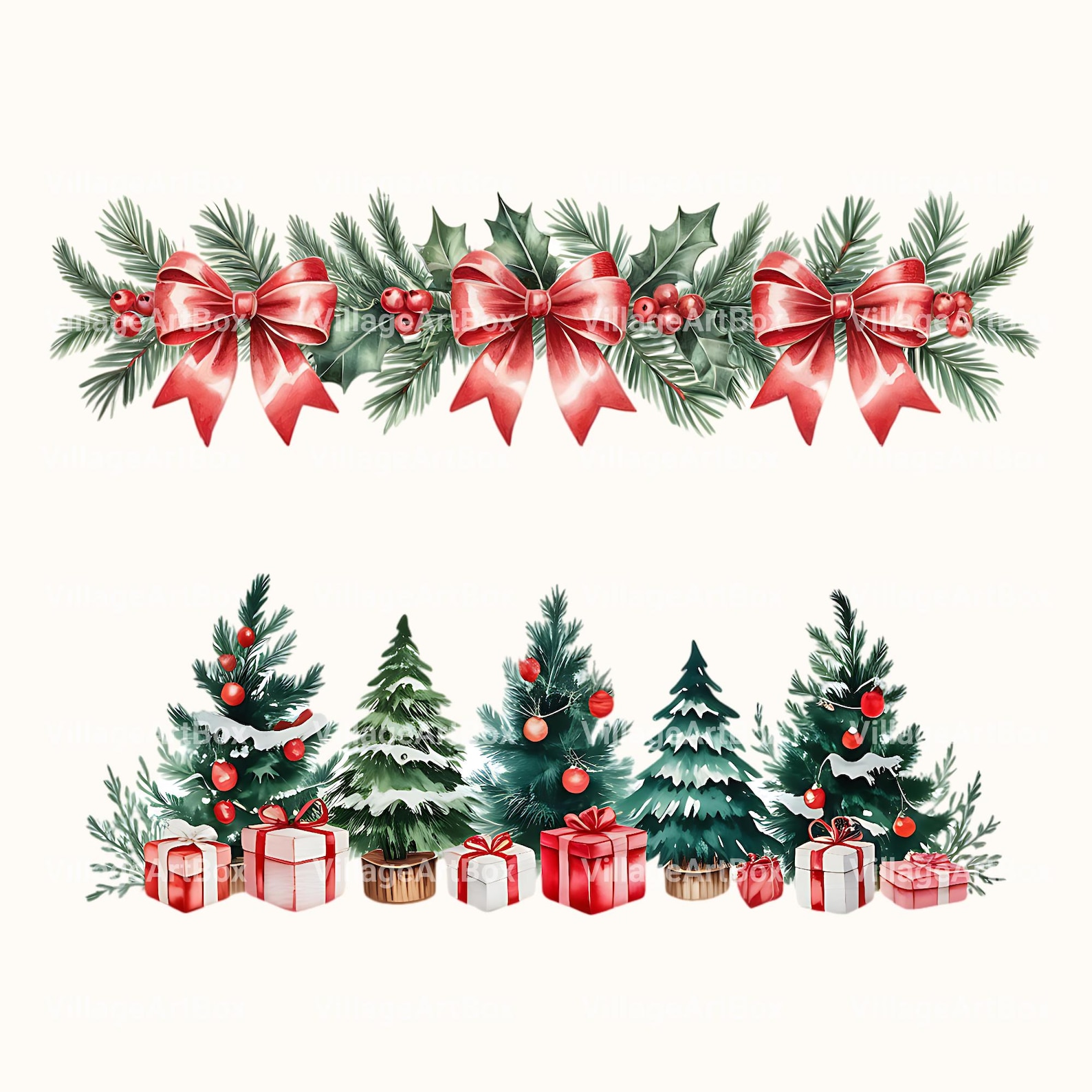 Watercolor Christmas Garland Borders Clipart: Pine & Ornaments (PNG ...