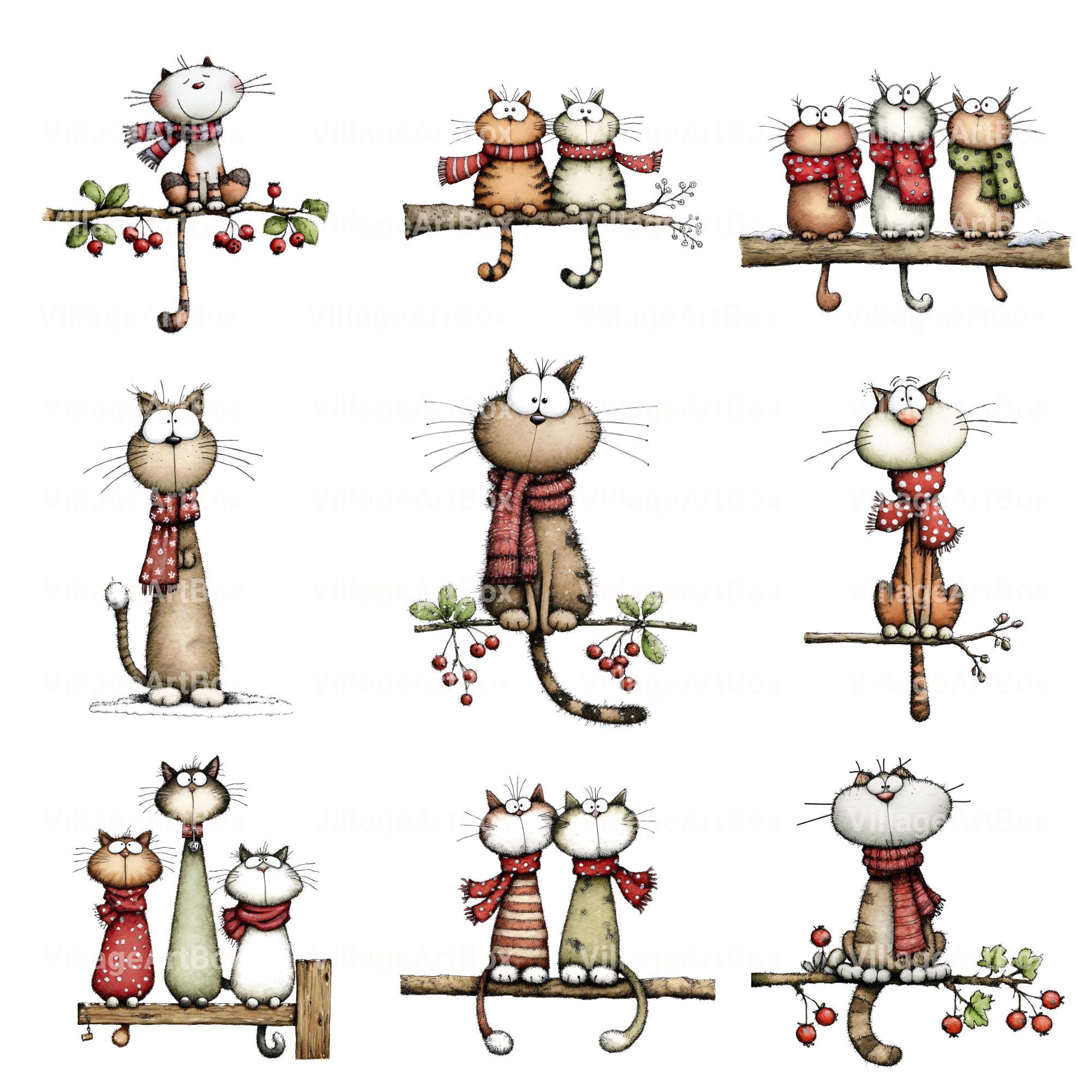 Watercolor Christmas Cat Clipart | Whimsical Cats on Branches, High-res ...