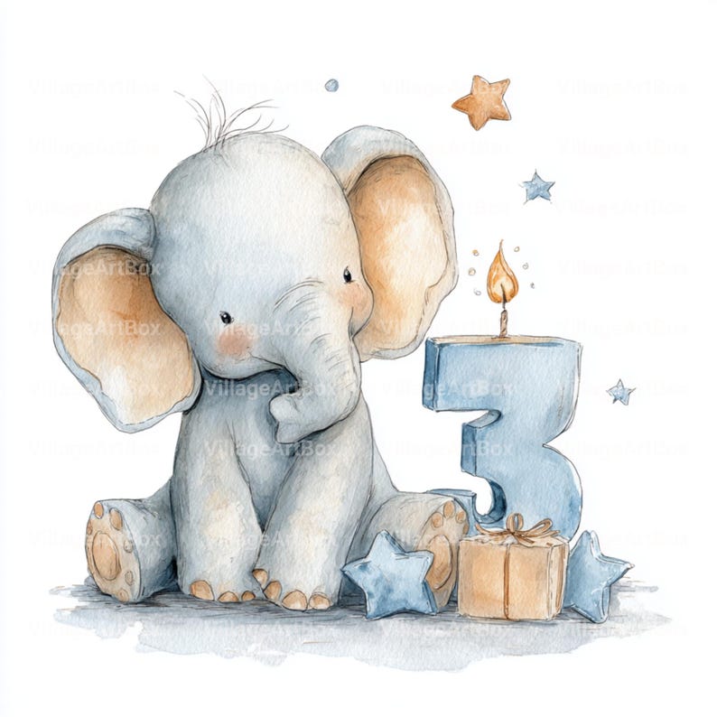 Baby Elephant Birthday Clipart | Blue Boy Numbers 1–3, Safari Nursery ...