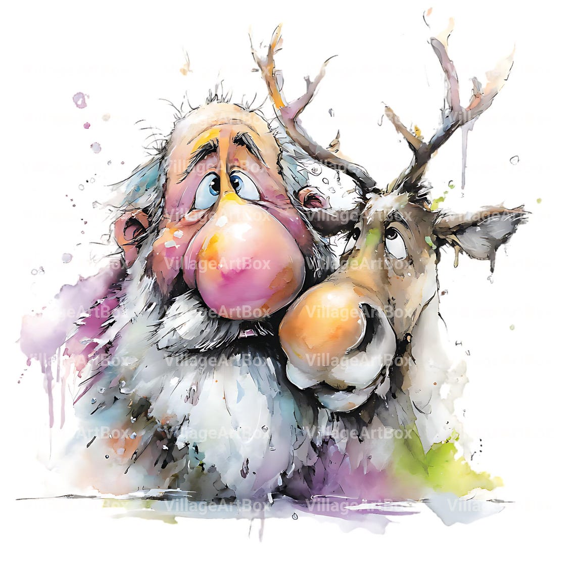 Splash Watercolor Santa and Reindeer Clipart — Whimsical Christmas ...