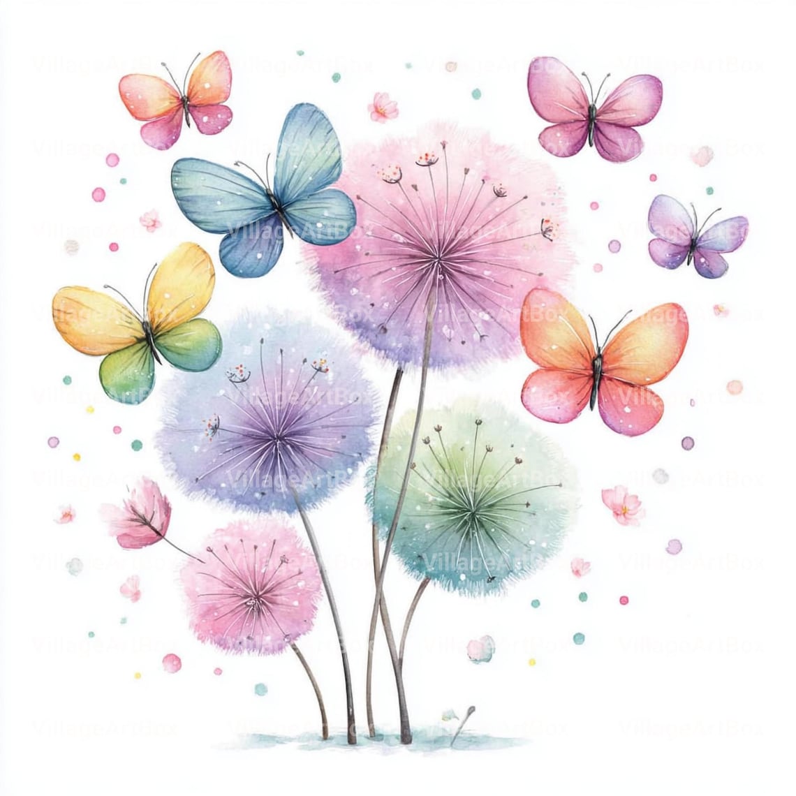 Pacchetto di 14 clipart di tarassaco e farfalla, arte floreale ad ...
