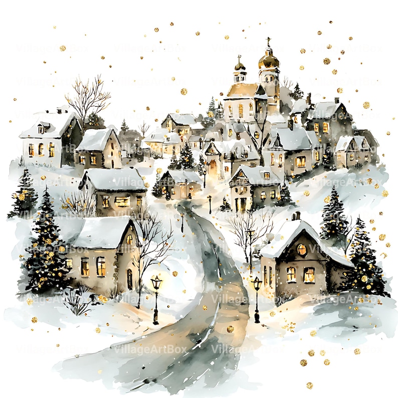 Christmas Village Watercolor Clipart: Holiday Town Scene (digital ...
