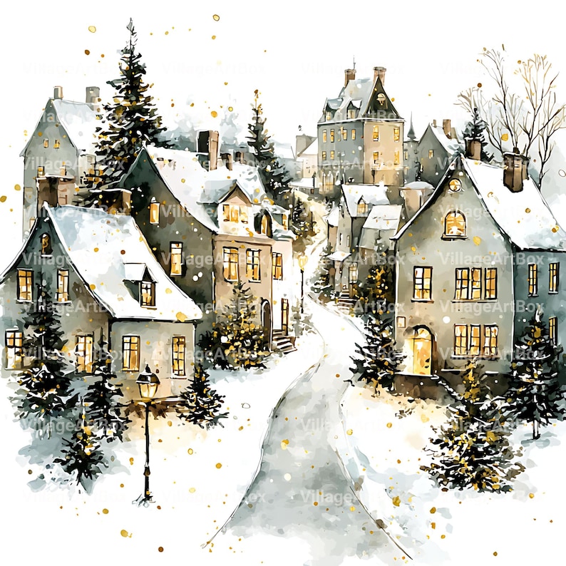 Christmas Village Watercolor Clipart: Holiday Town Scene (digital ...