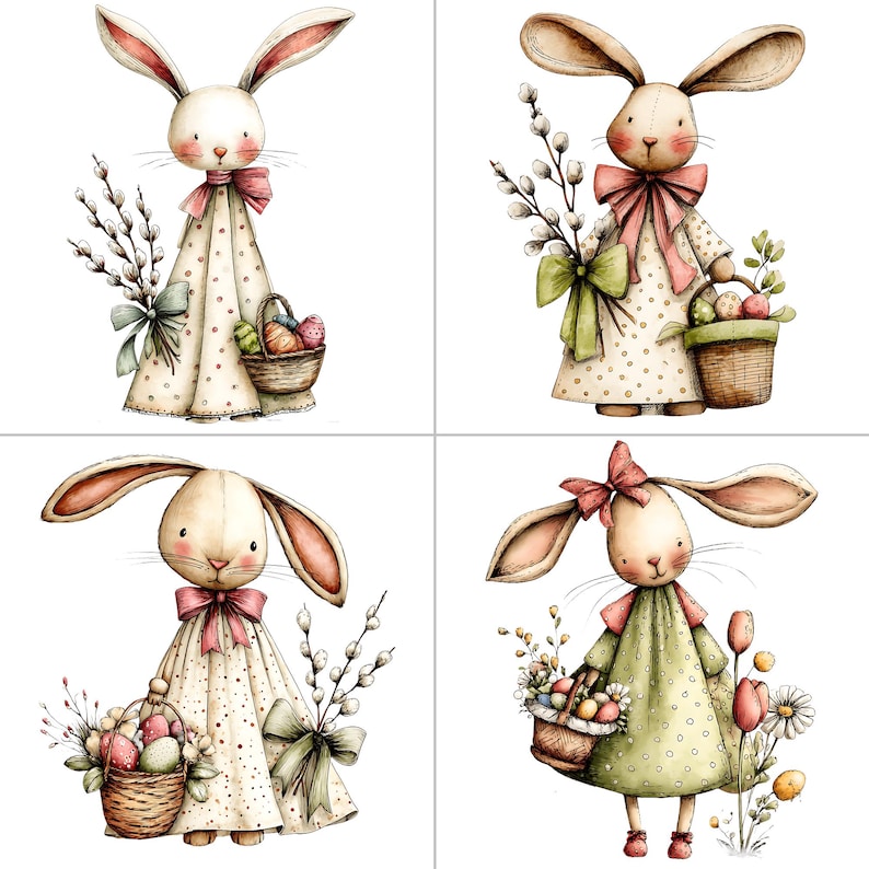 Easter Bunny Clipart: Whimsical Spring Rabbits, Eggs (27 PNG Digital ...