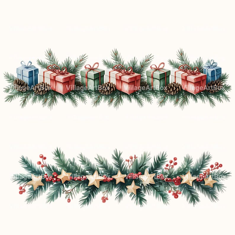 Watercolor Christmas Garland Borders Clipart: Pine & Ornaments (PNG ...