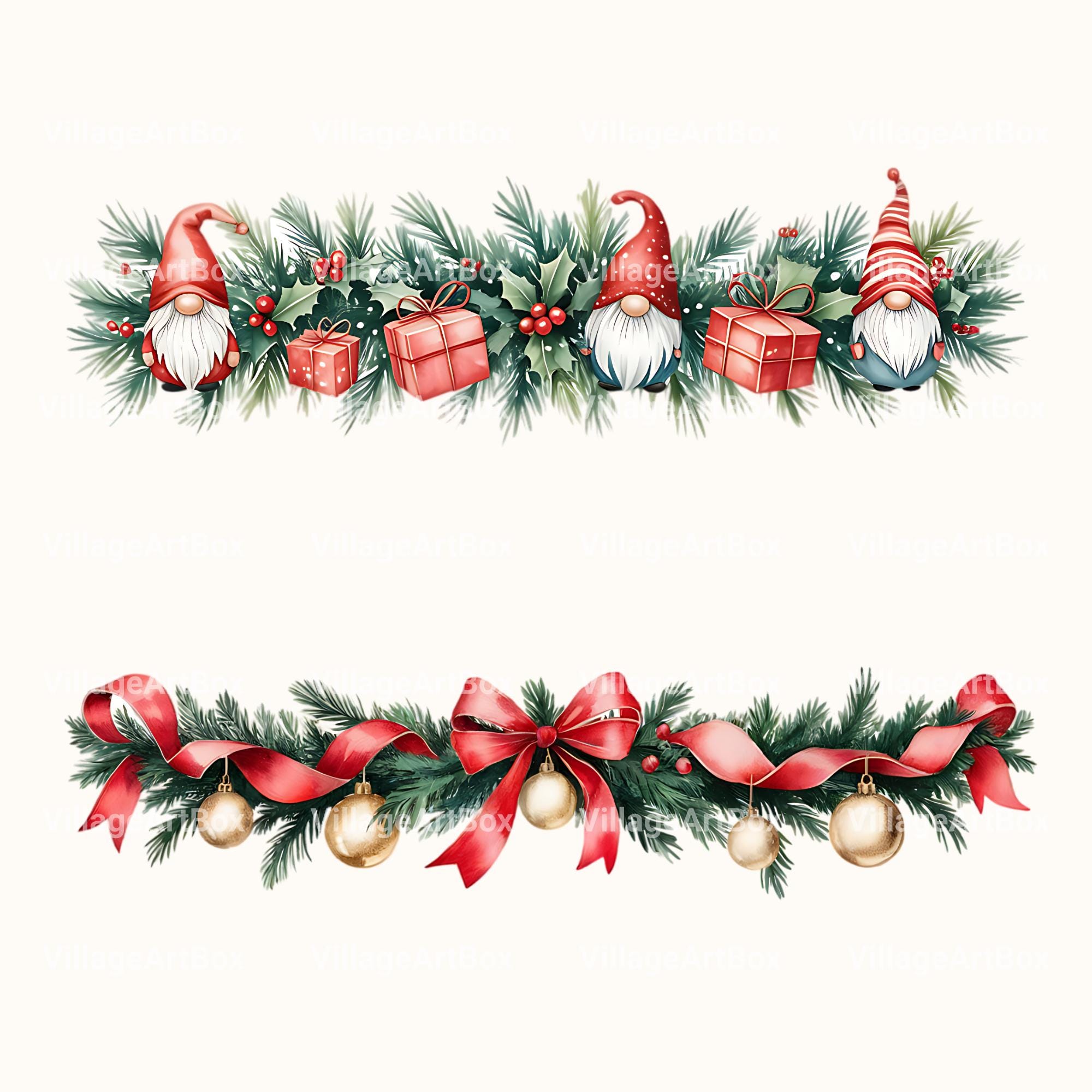 Watercolor Christmas Garland Borders Clipart: Pine & Ornaments (PNG ...