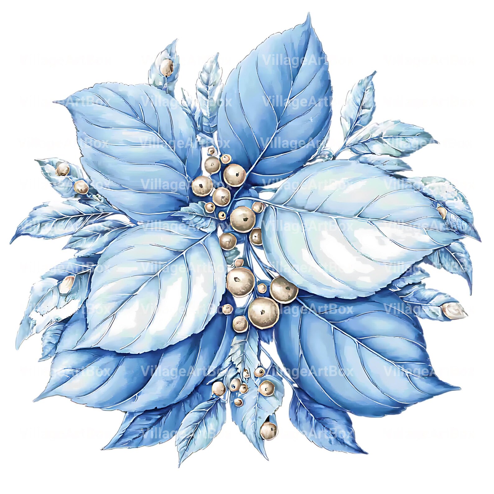 Blue Christmas Wreaths Clipart: Watercolor Winter Foliage PNG (instant ...