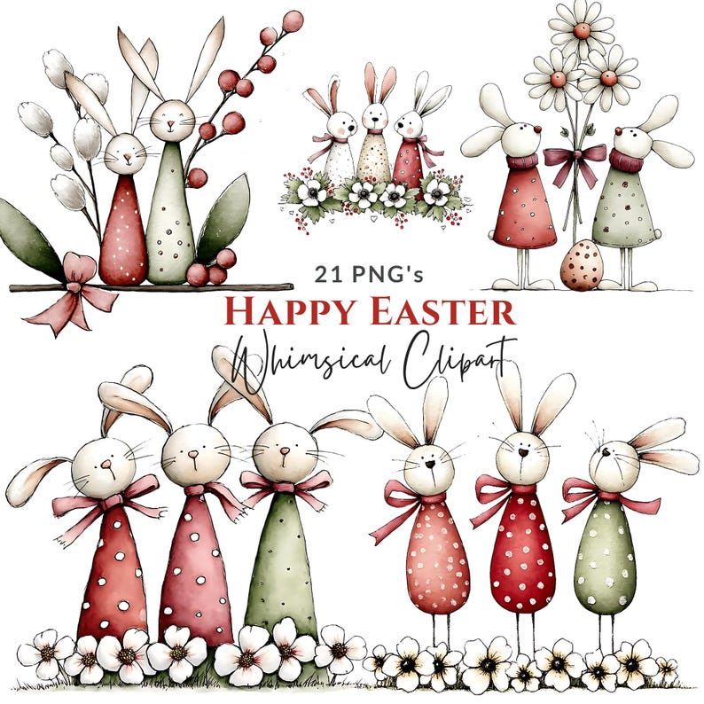 Happy Easter Bunny Clipart: Whimsical Spring Rabbits & Florals (digital ...