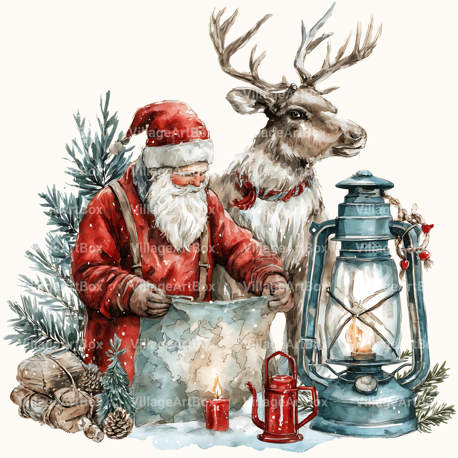 Watercolor Santa and Reindeer Clipart Bundle: Christmas PNG Images ...