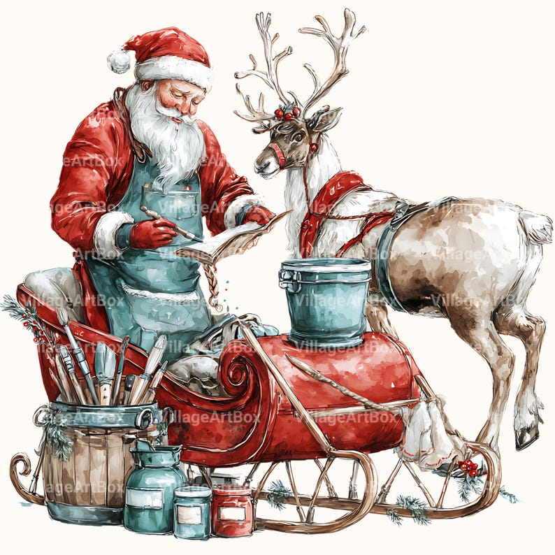 Watercolor Santa and Reindeer Clipart Bundle: Christmas PNG Images ...