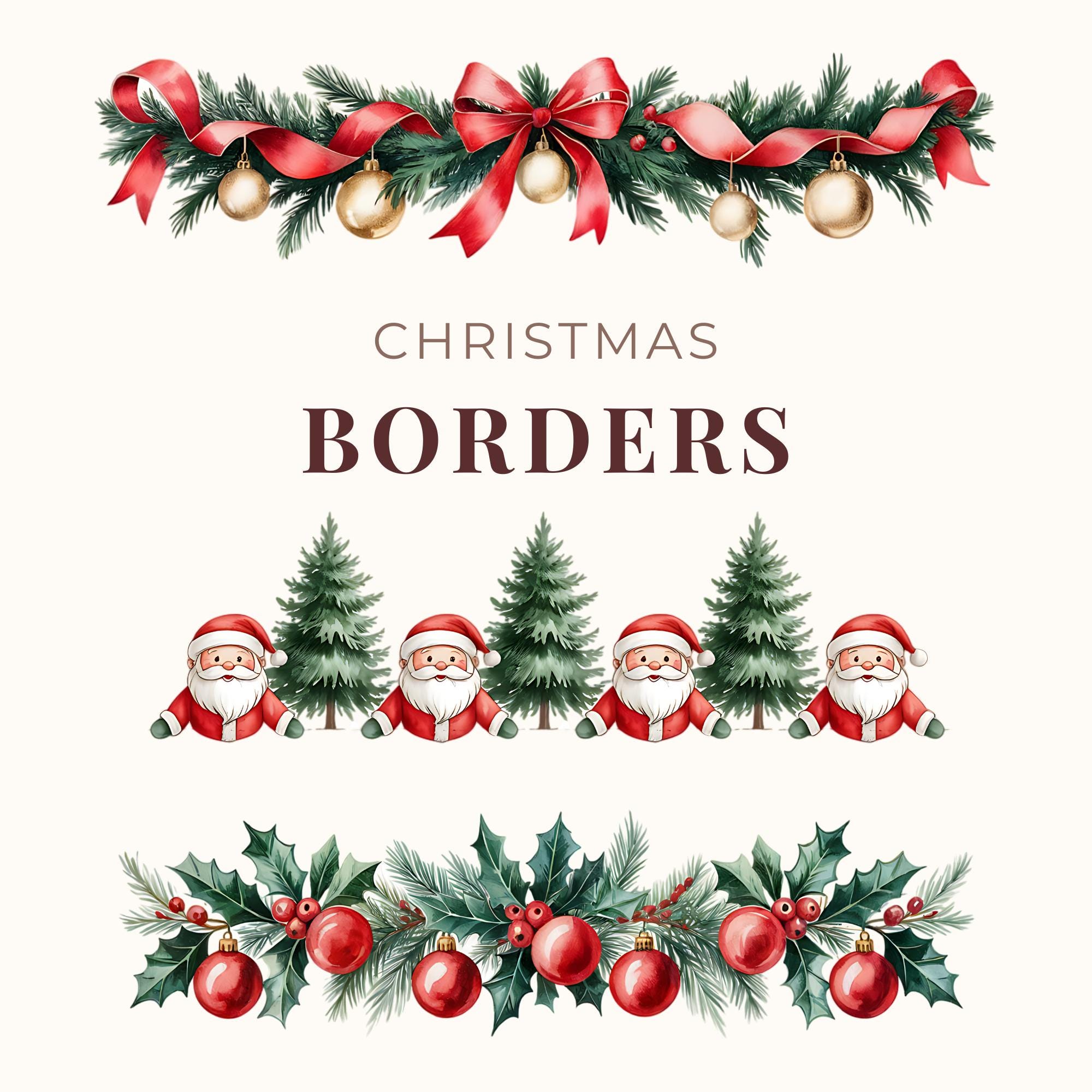 Watercolor Christmas Garland Borders Clipart: Pine & Ornaments (PNG ...