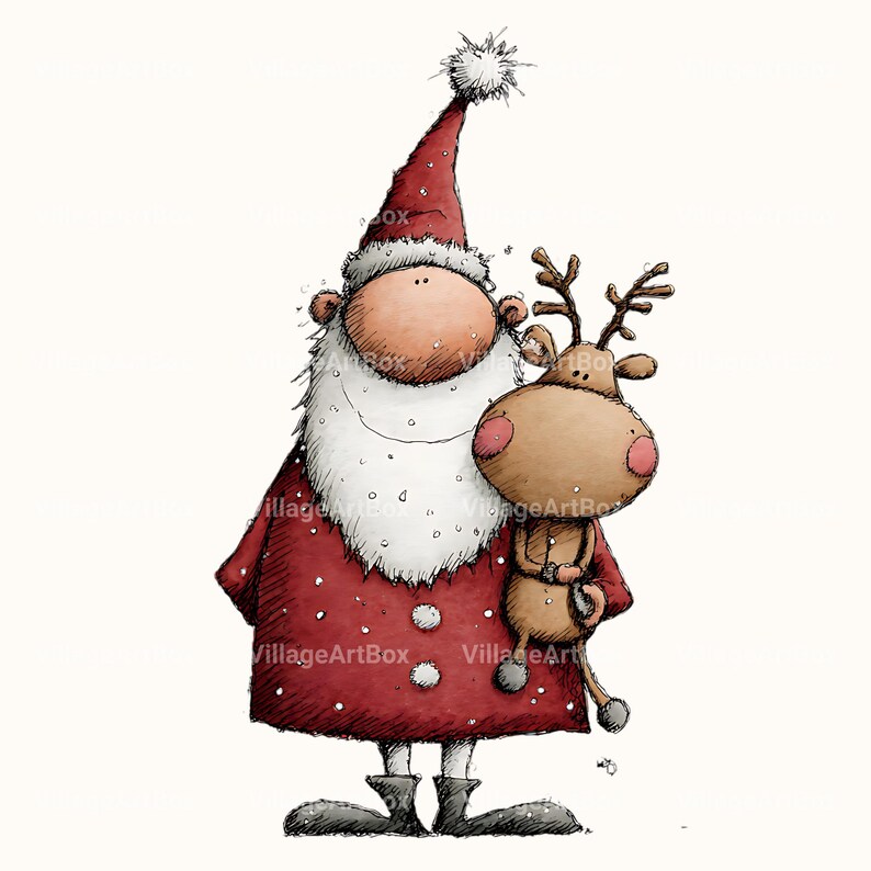 Watercolor Santa and Reindeer Clipart Bundle: Christmas PNG (instant ...