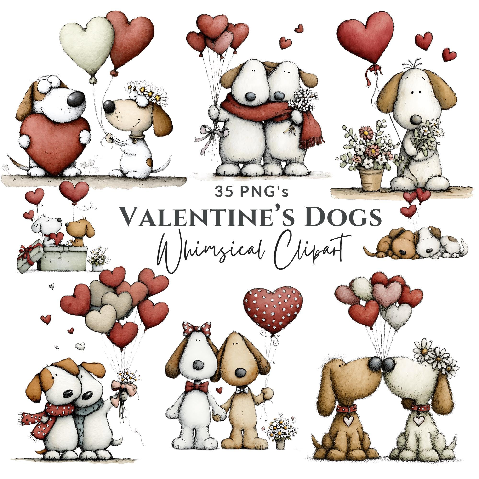 Whimsical Valentine Dogs Clipart Bundle: Quirky Puppy Love & Heart ...