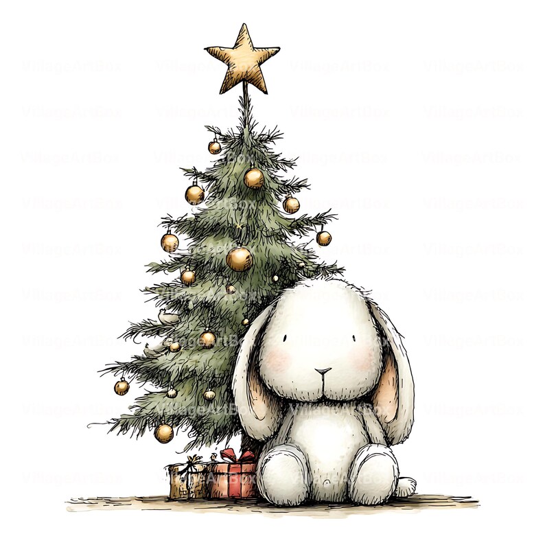Watercolor Bunny Decorating Christmas Tree Clip Art, Christmas Rabbit ...