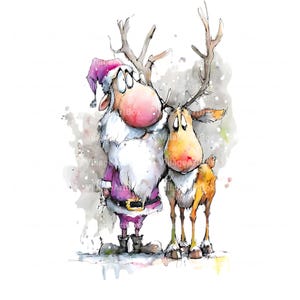 Splash Watercolor Santa and Reindeer Clipart — Whimsical Christmas ...