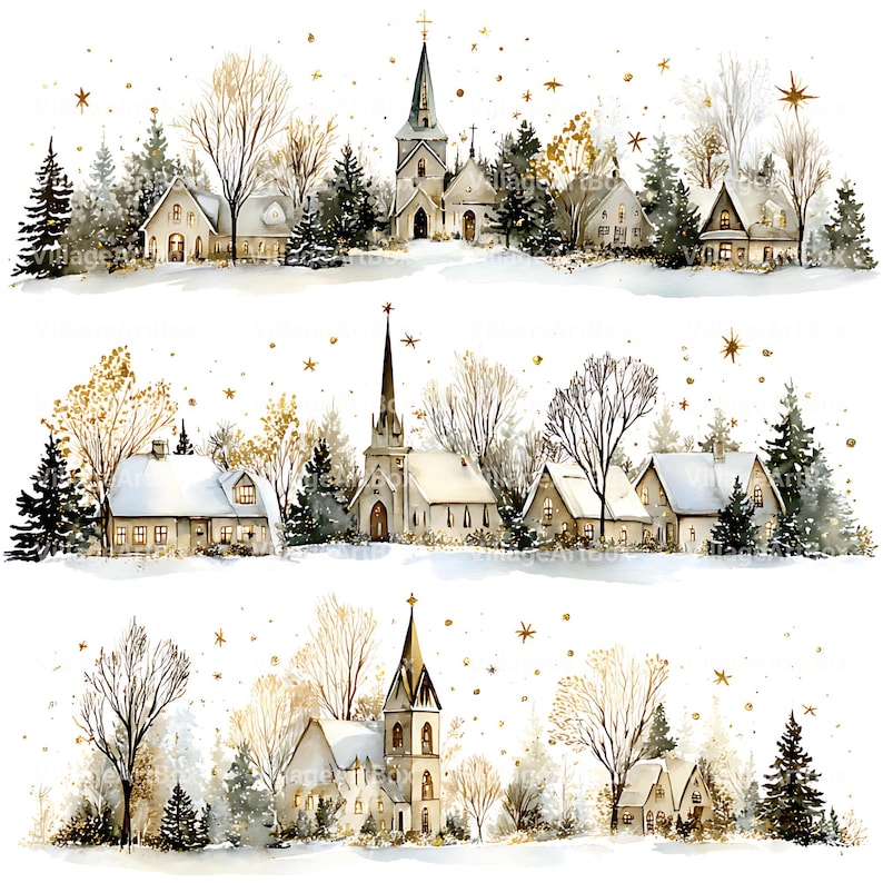 Christmas Village Watercolor Clipart: Holiday Town Scene (digital ...