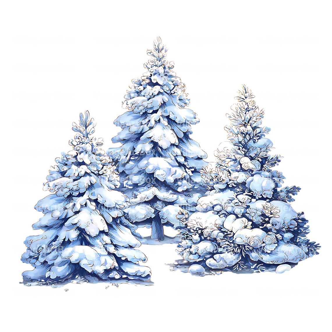 Watercolor Winter Spruce Tree Clipart: Blue Christmas PNG (instant ...