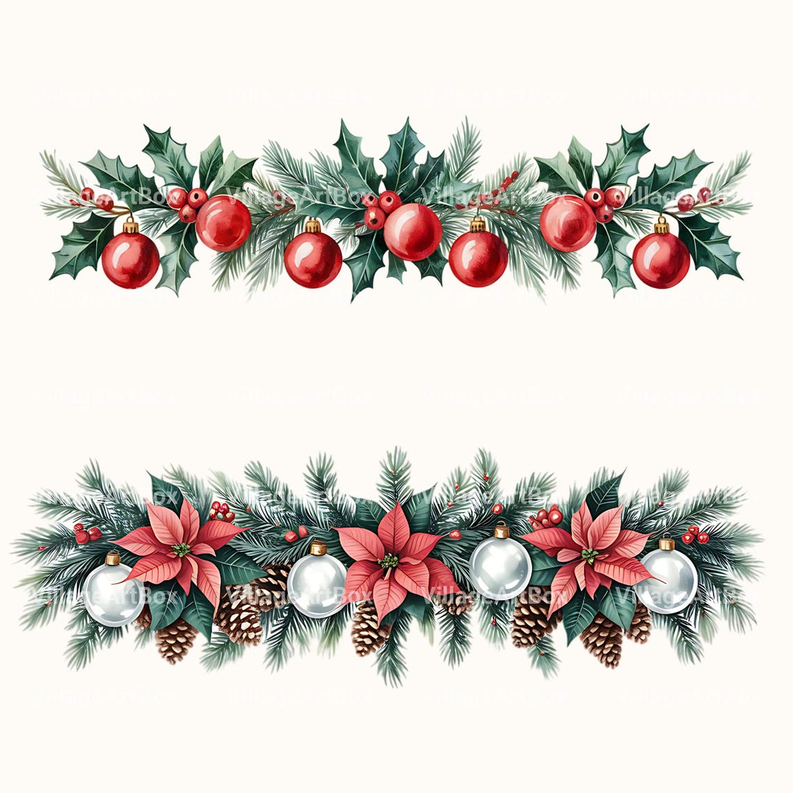 Watercolor Christmas Garland Borders Clipart: Pine & Ornaments (PNG ...