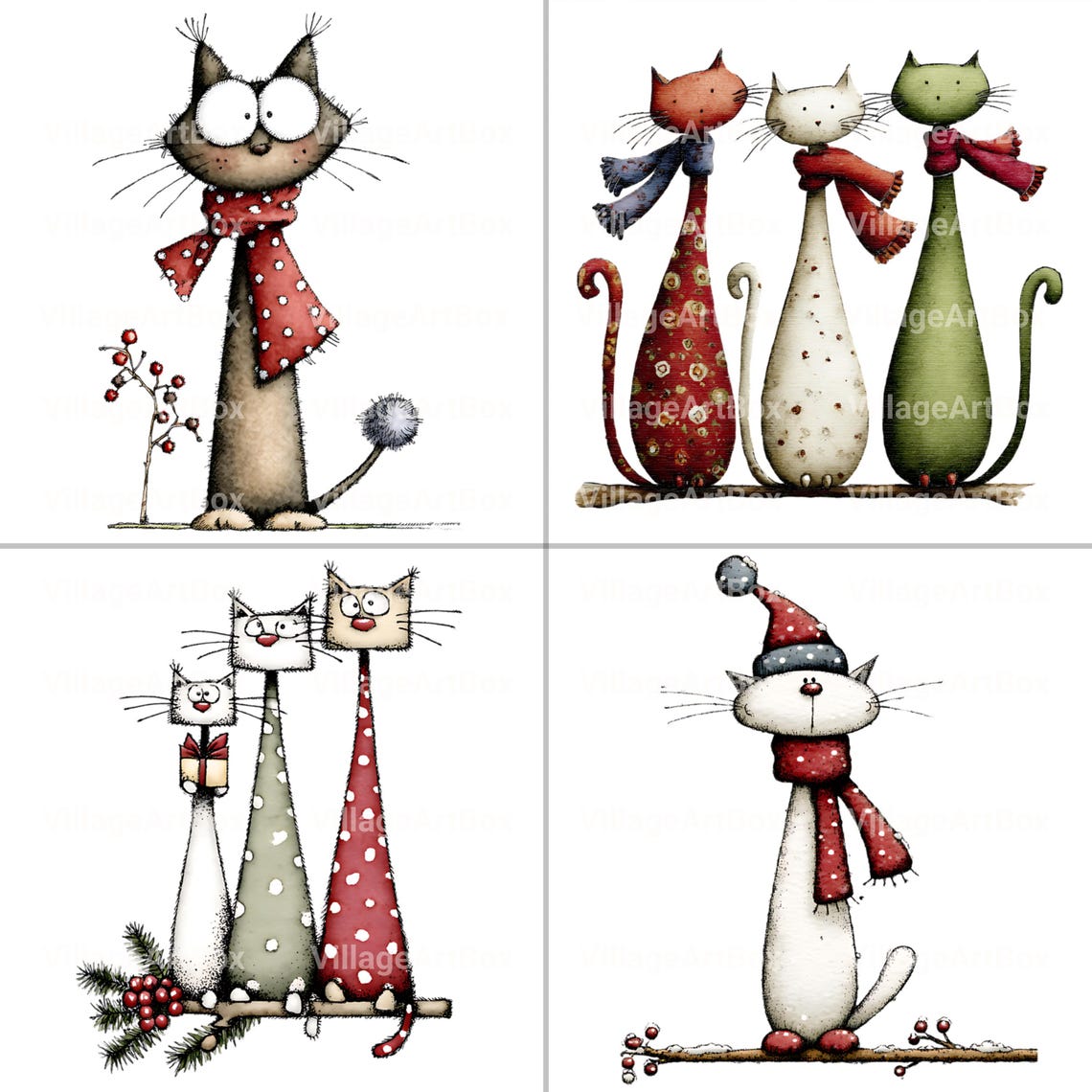 Watercolor Christmas Cats Clipart: Whimsical PNG Bundle (instant ...