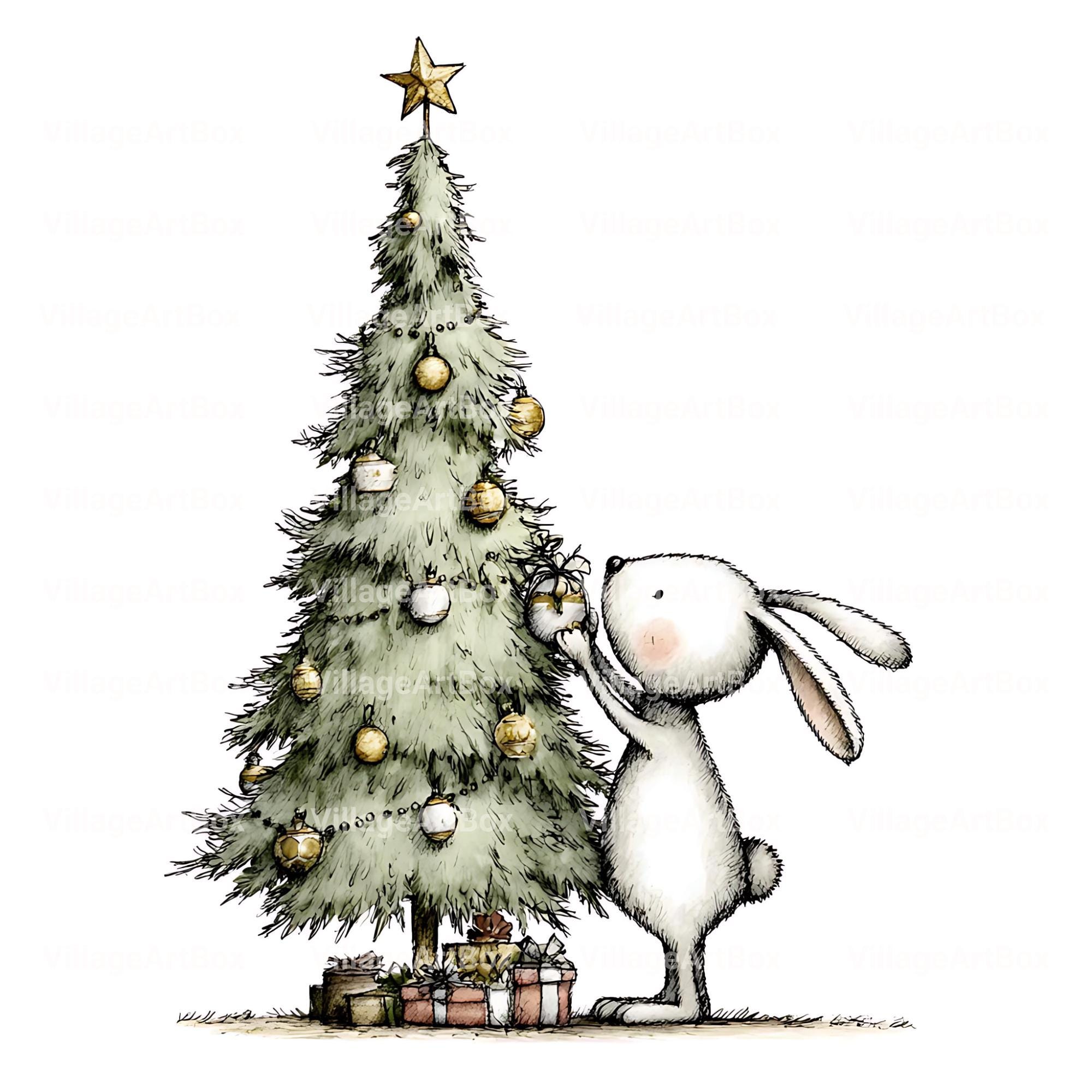 Watercolor Bunny Decorating Christmas Tree Clip Art, Christmas Rabbit ...