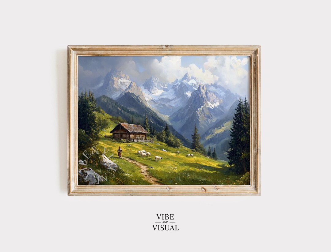 Printable Alpine Shepherd in Sunlit Meadow - Cottagecore Landscape ...