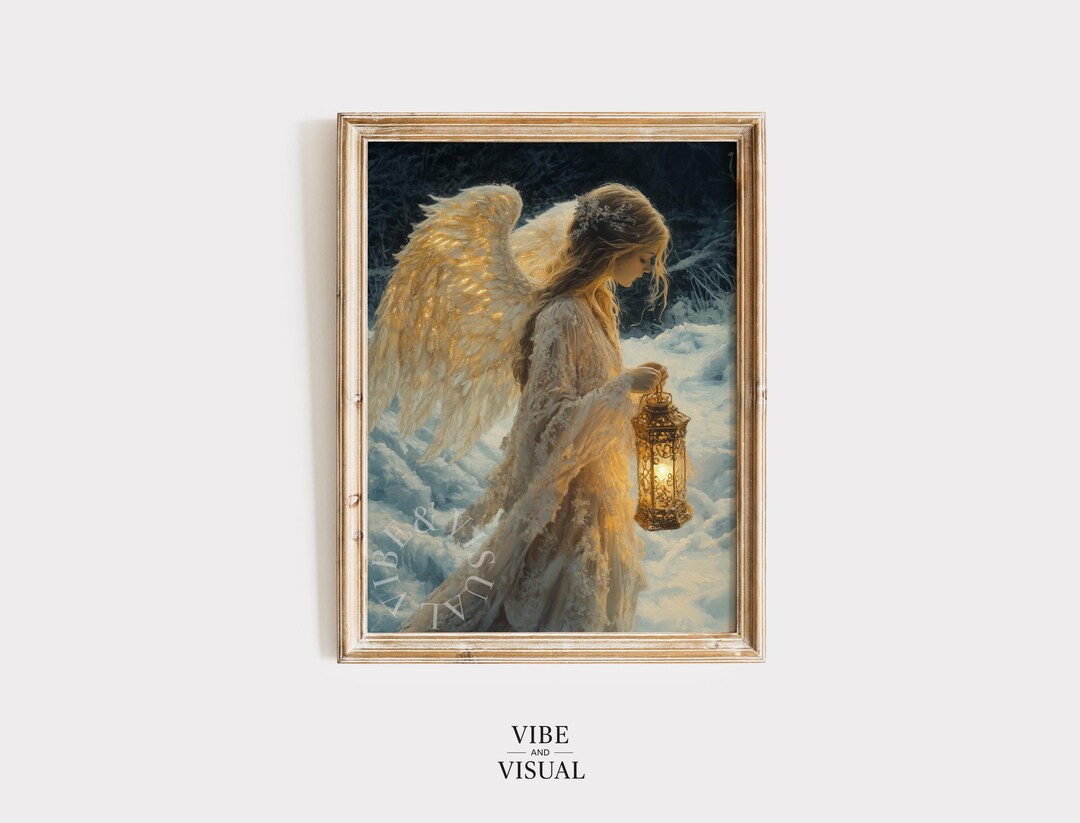 Moody Angel Lantern Wall Art - Romantic Vintage Celestial Painting ...