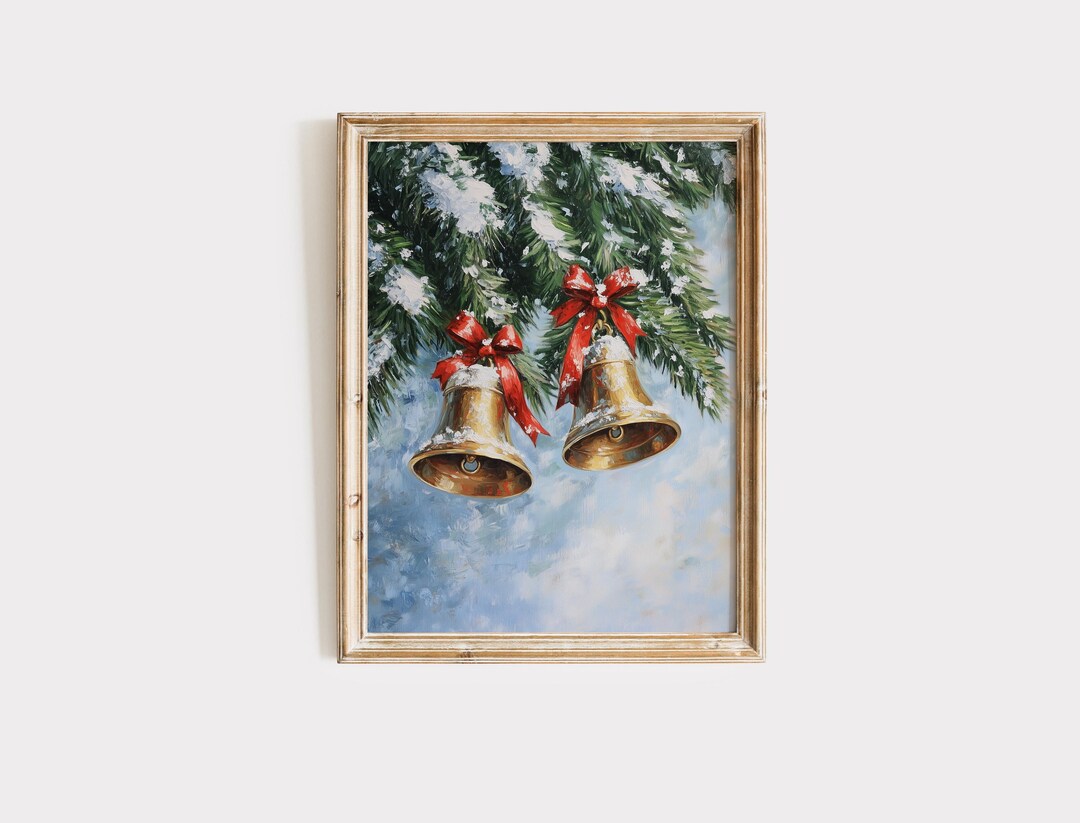 Printable Christmas Bells Art - Classic Holiday Painting With Evergreen ...